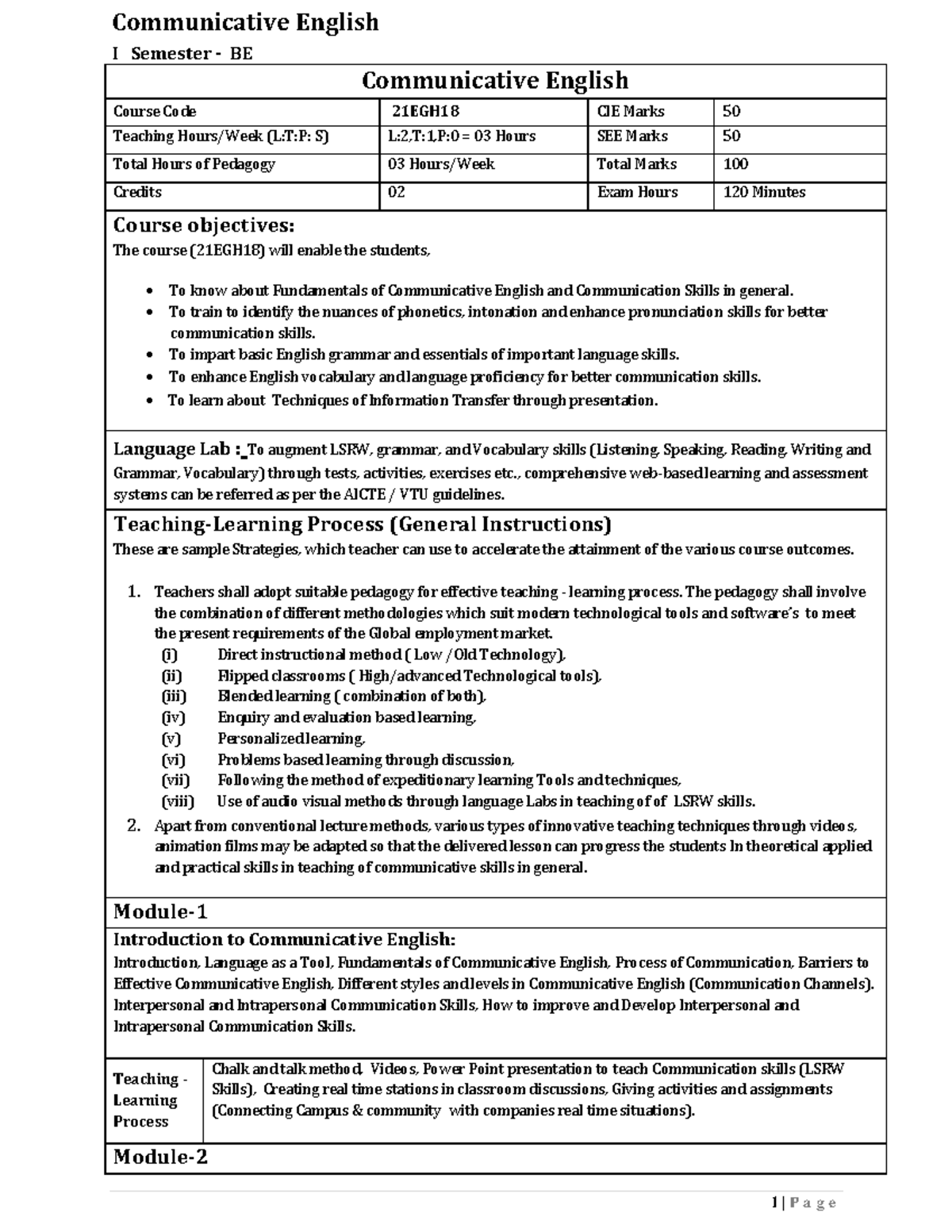 21egh18 - Syllabus - I Semester - BE Communicative English Course Code ...
