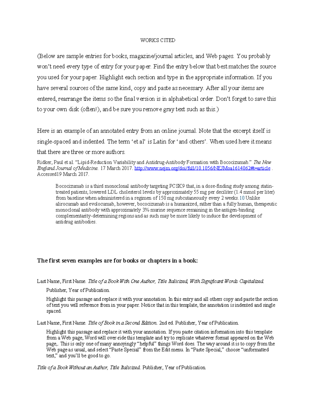 AB Template - WORKS CITED (Below are sample entries for books, magazine ...