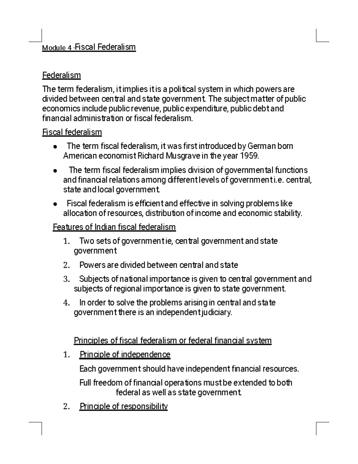 Public Economics module 4 UG - Module 4 -Fiscal Federalism Federalism ...