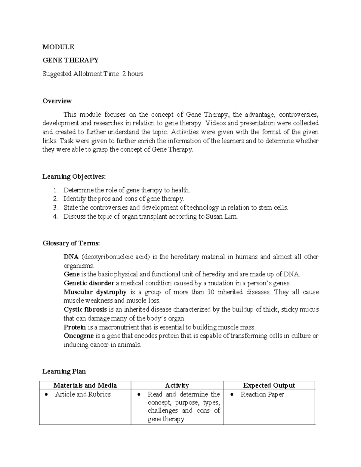 Module 13 - MODULE GENE THERAPY Suggested Allotment Time: 2 hours ...