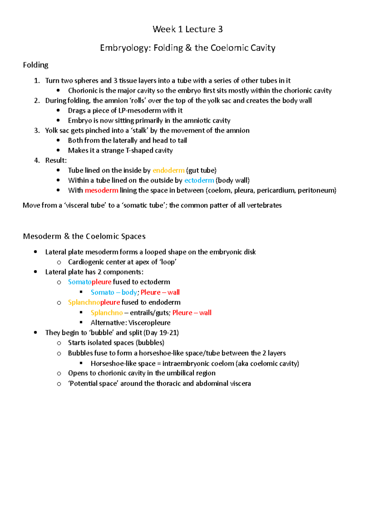 Week 1 Lecture 3 (no pictures) - Week 1 Lecture 3 Embryology: Folding & the Coelomic Cavity ...