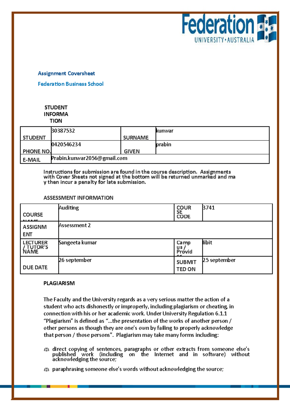 Assignment auditing - rest - Assignment Coversheet Federation Business ...