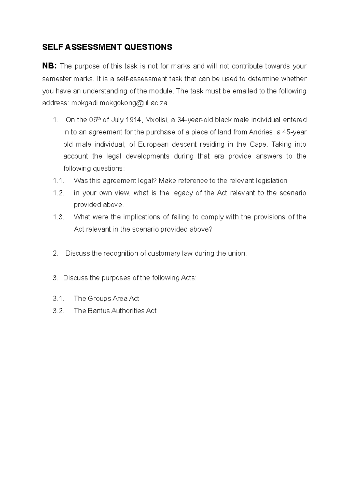 SELF Assessment Questions - SELF ASSESSMENT QUESTIONS NB: The purpose ...