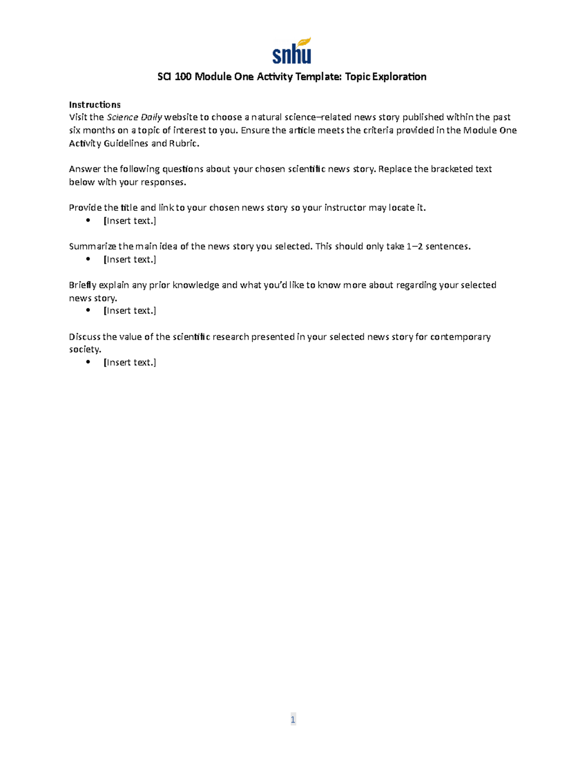 SCI 100 Module One Activity Template - Ensure the article meets the ...