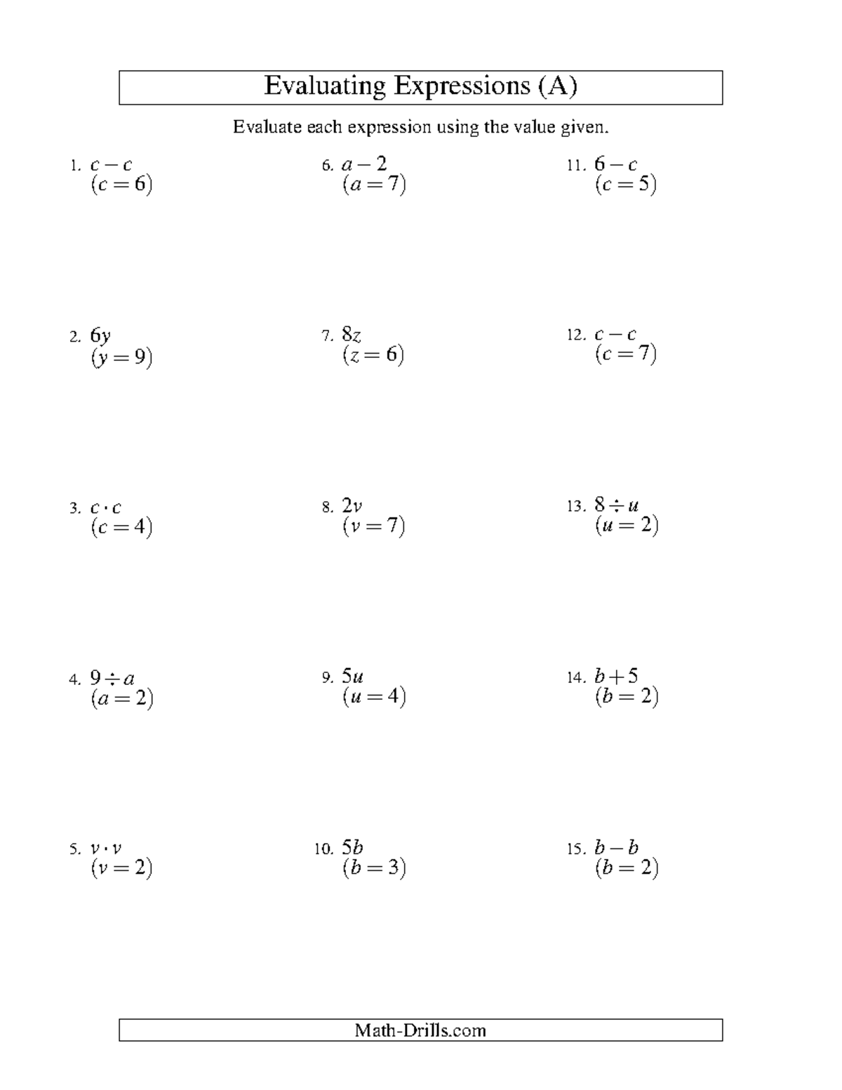 Algebra evaluating algebraic expressions one variable one step ...