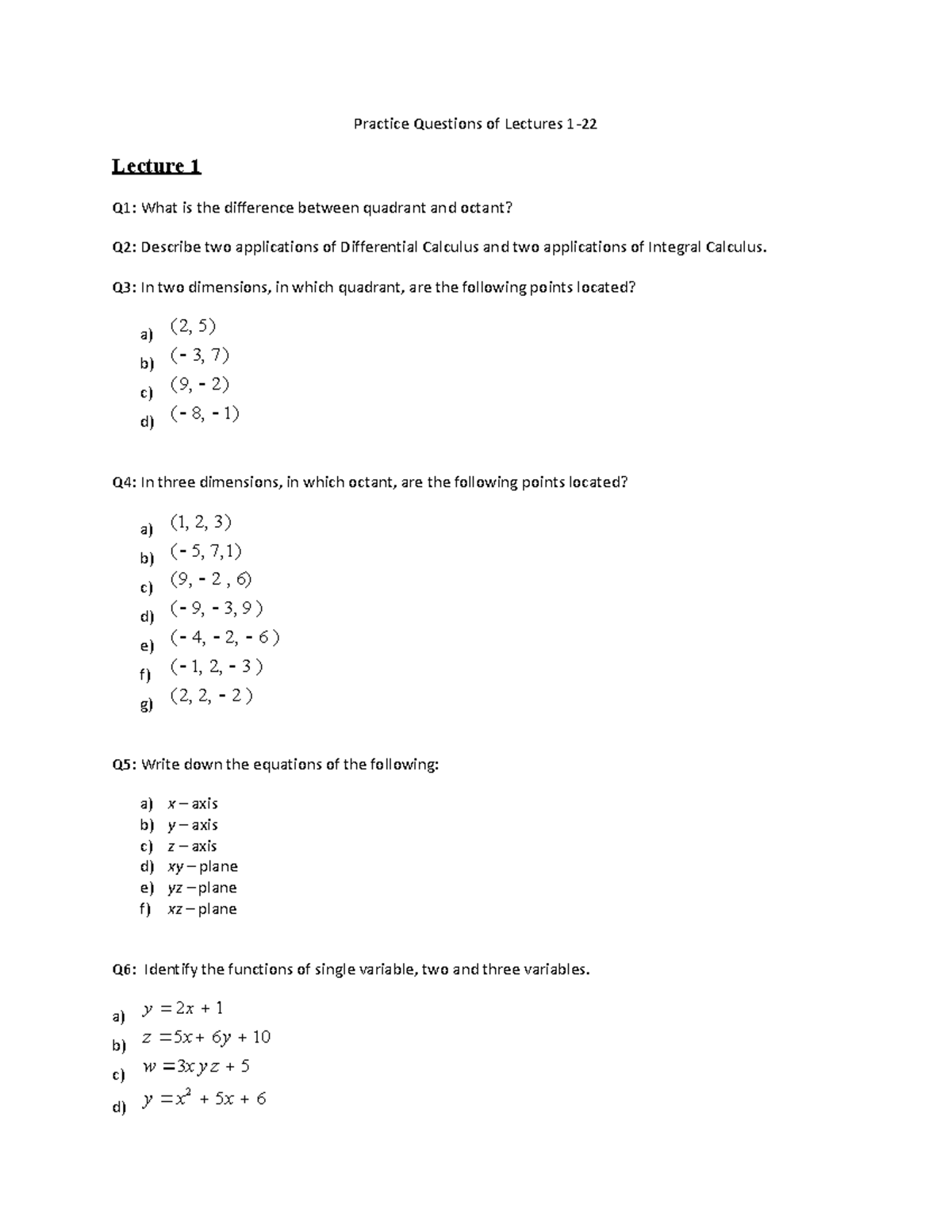 Practice questions lectures 1-22 - Practice Questions of Lectures 1 ...