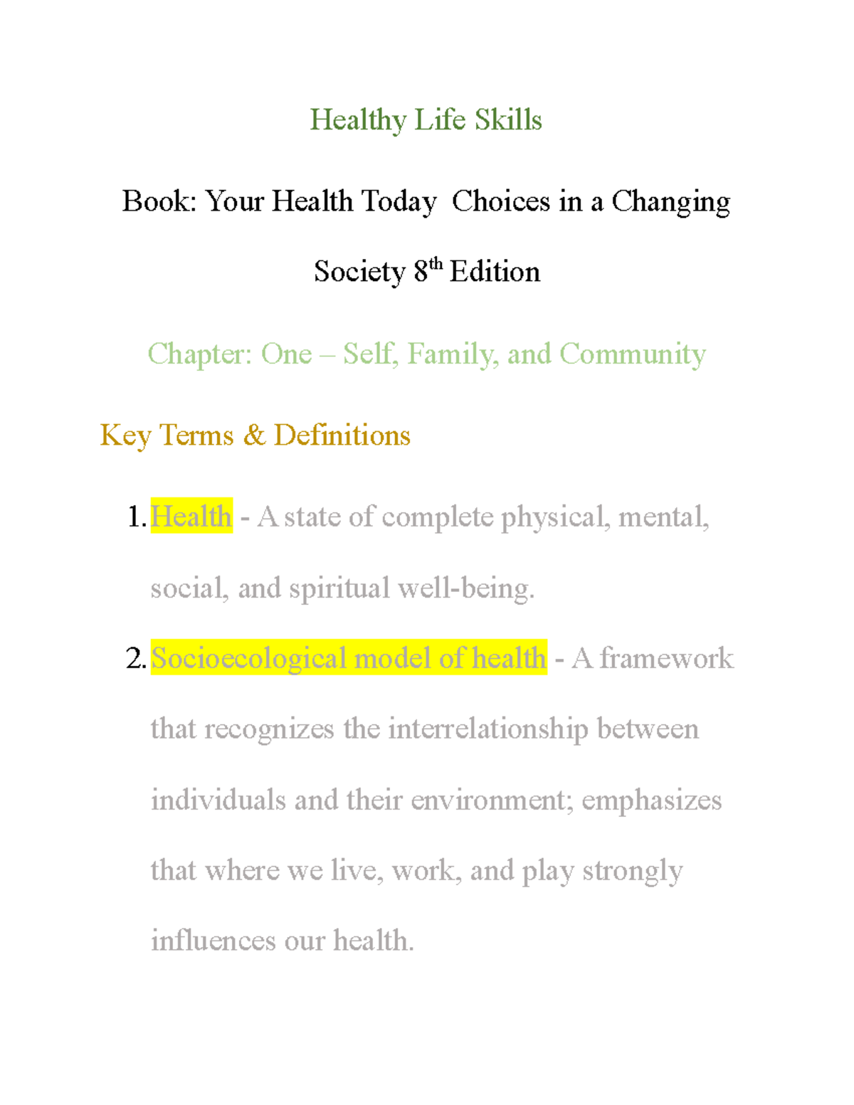 University Healthy Life Skills Ch.1 Key terms and Definitions - Healthy ...