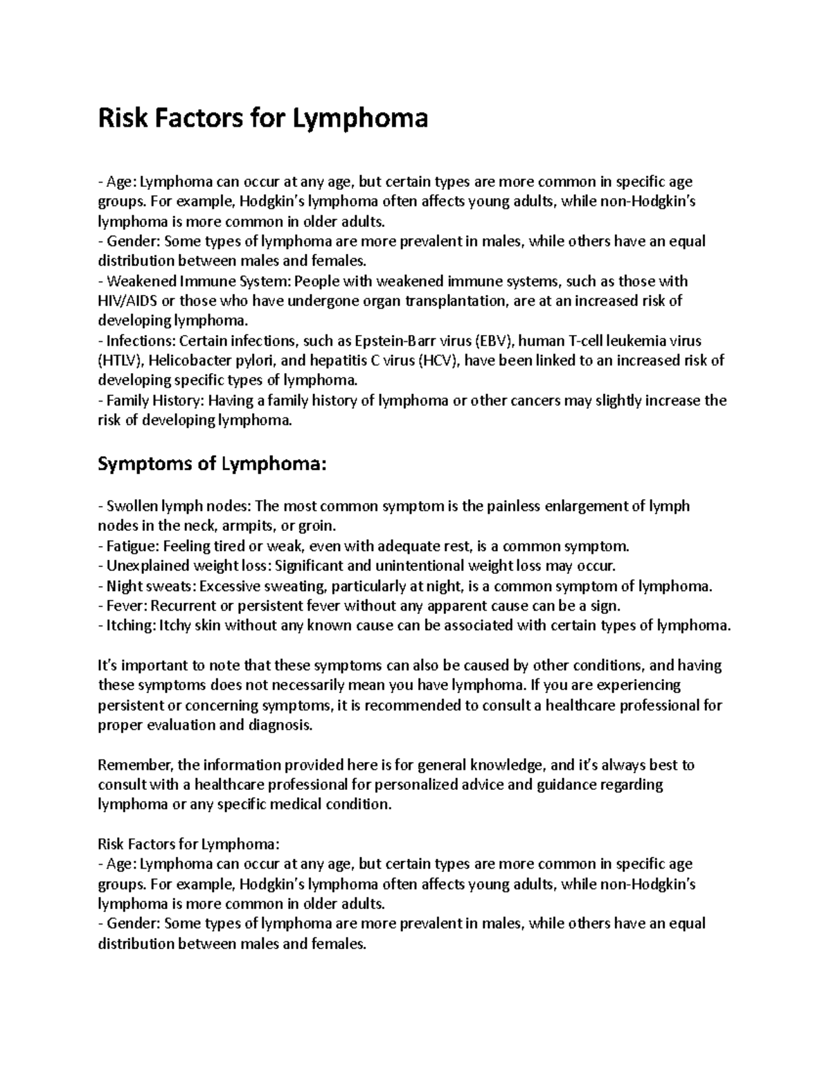 Risk Factors for Lymphoma - For example, Hodgkin's lymphoma often ...