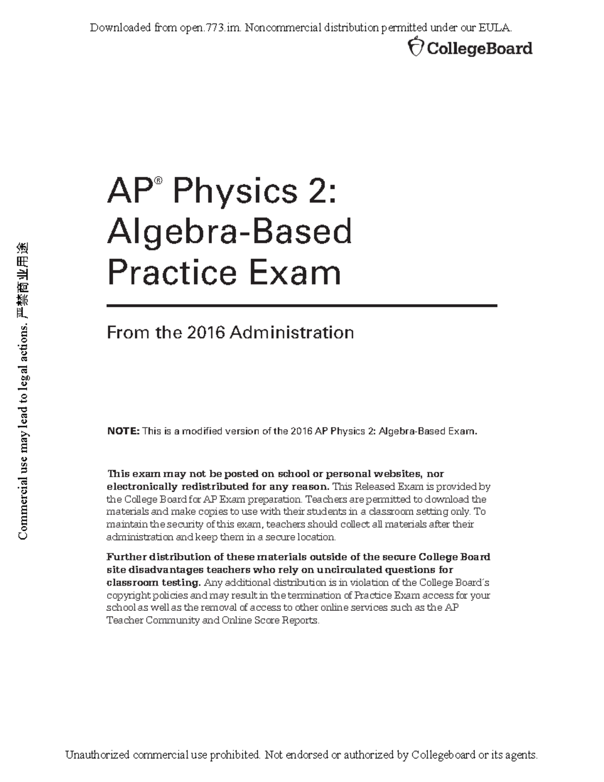 AP Physics 2 2016 - abc - AP ® Physics 2: Algebra-Based Practice Exam ...