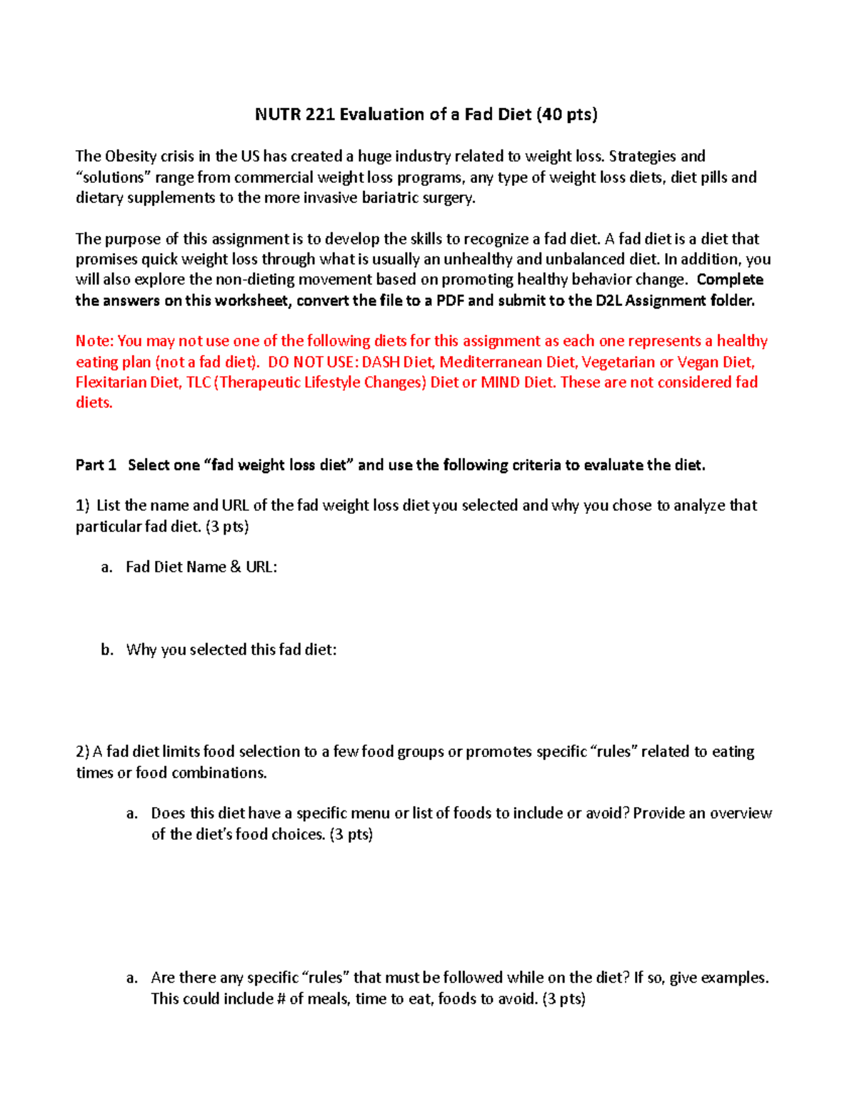 Assignment 3 Evaluation of a Fad diet - NUTR 221 Evaluation of a Fad ...