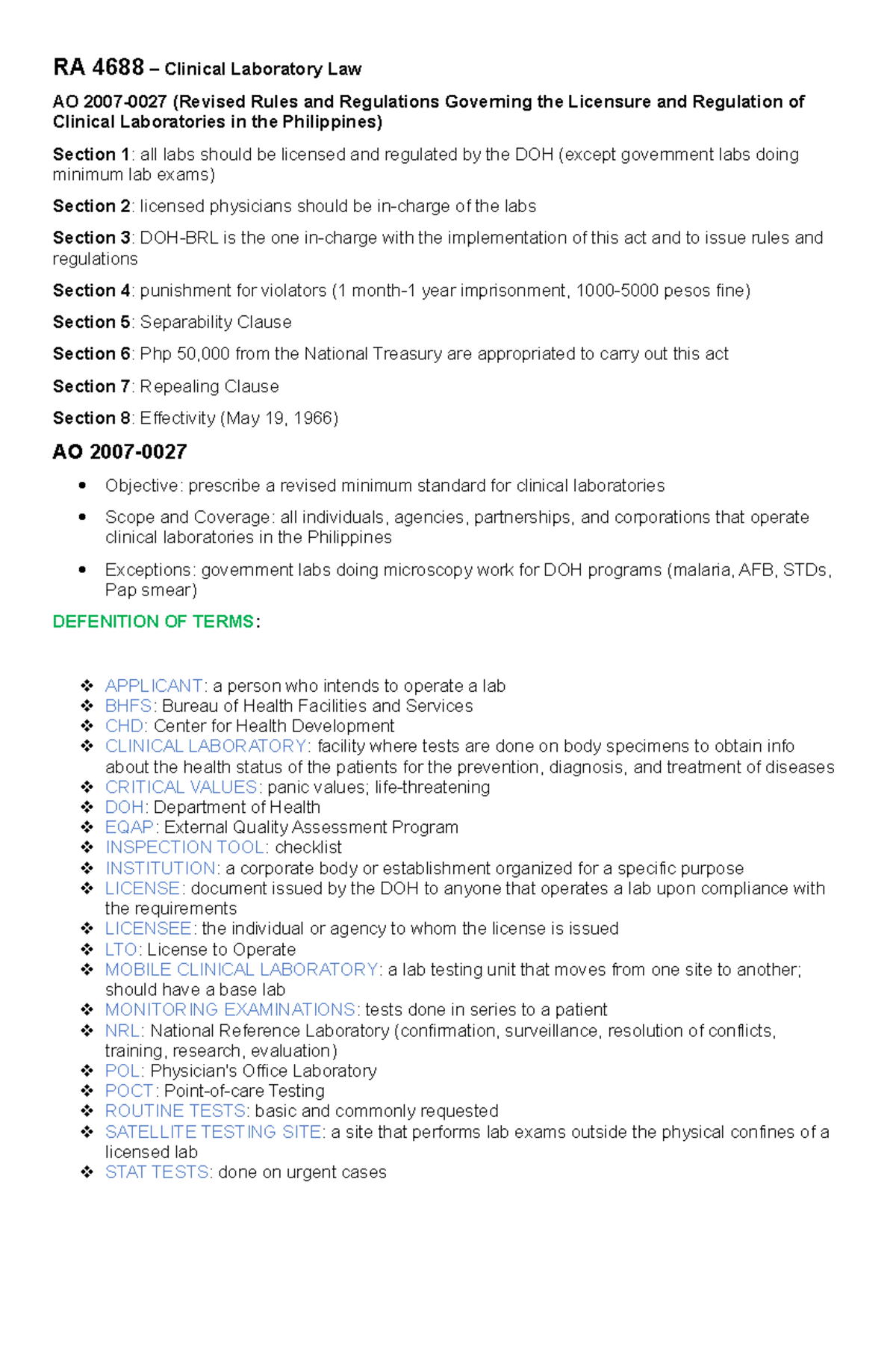 RA 4688 - Lecture notes 1 - RA 4688 – Clinical Laboratory Law AO 2007 ...
