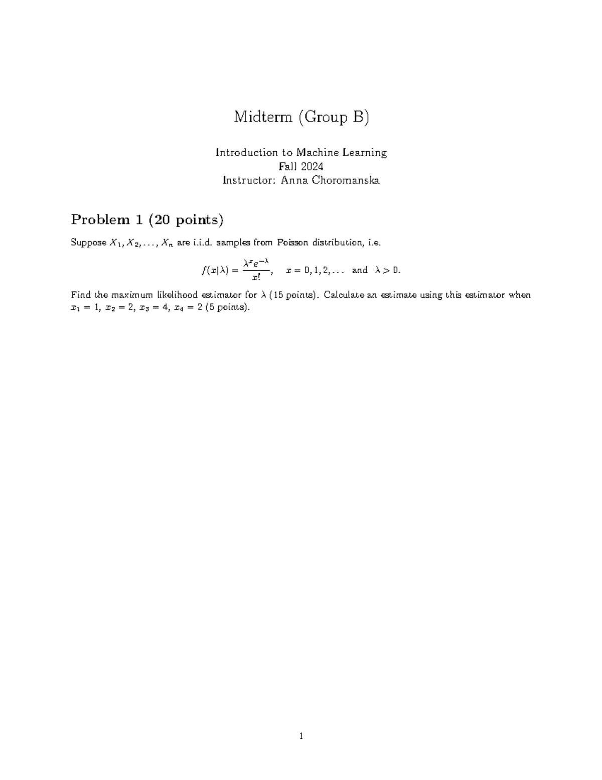 Practice Midterm Intro to ML - Midterm (Group B) Introduction to Machine Learning Fall 2024 ...