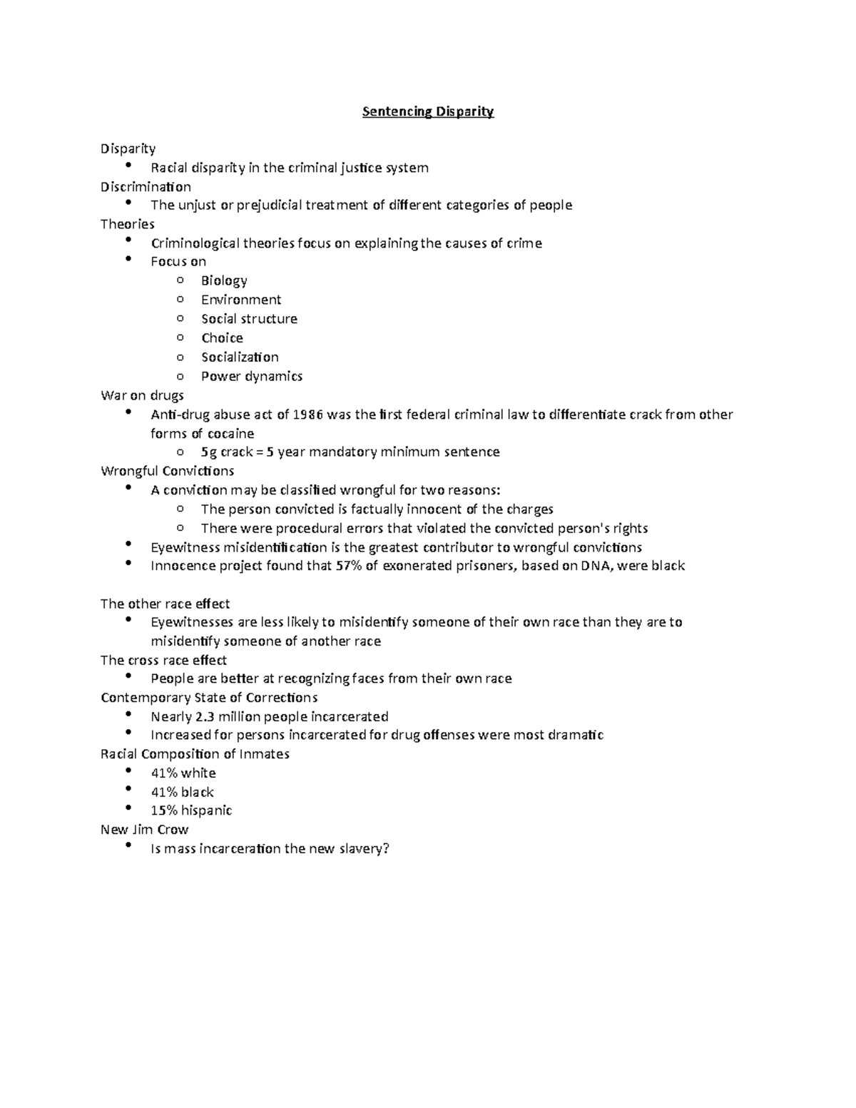 Sentencing Disparity - Lecture Notes from Professor Conyer's course on ...