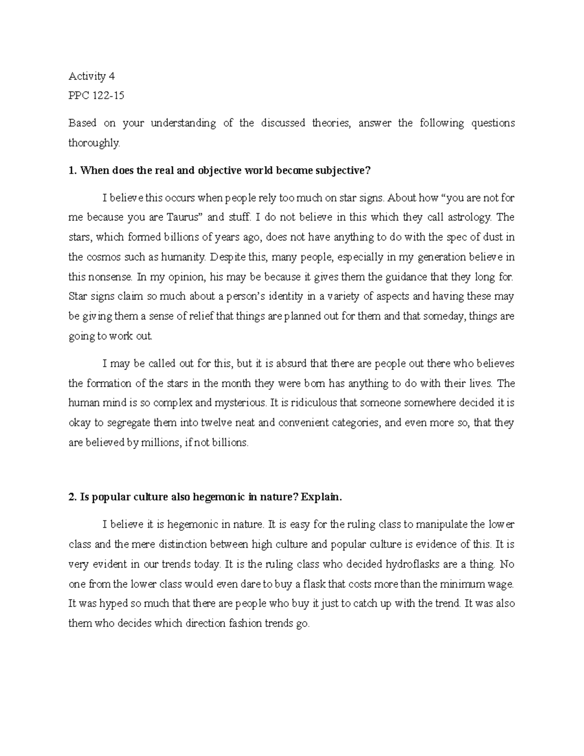 PPC activity 4 - 1. When does the real and objective world become ...