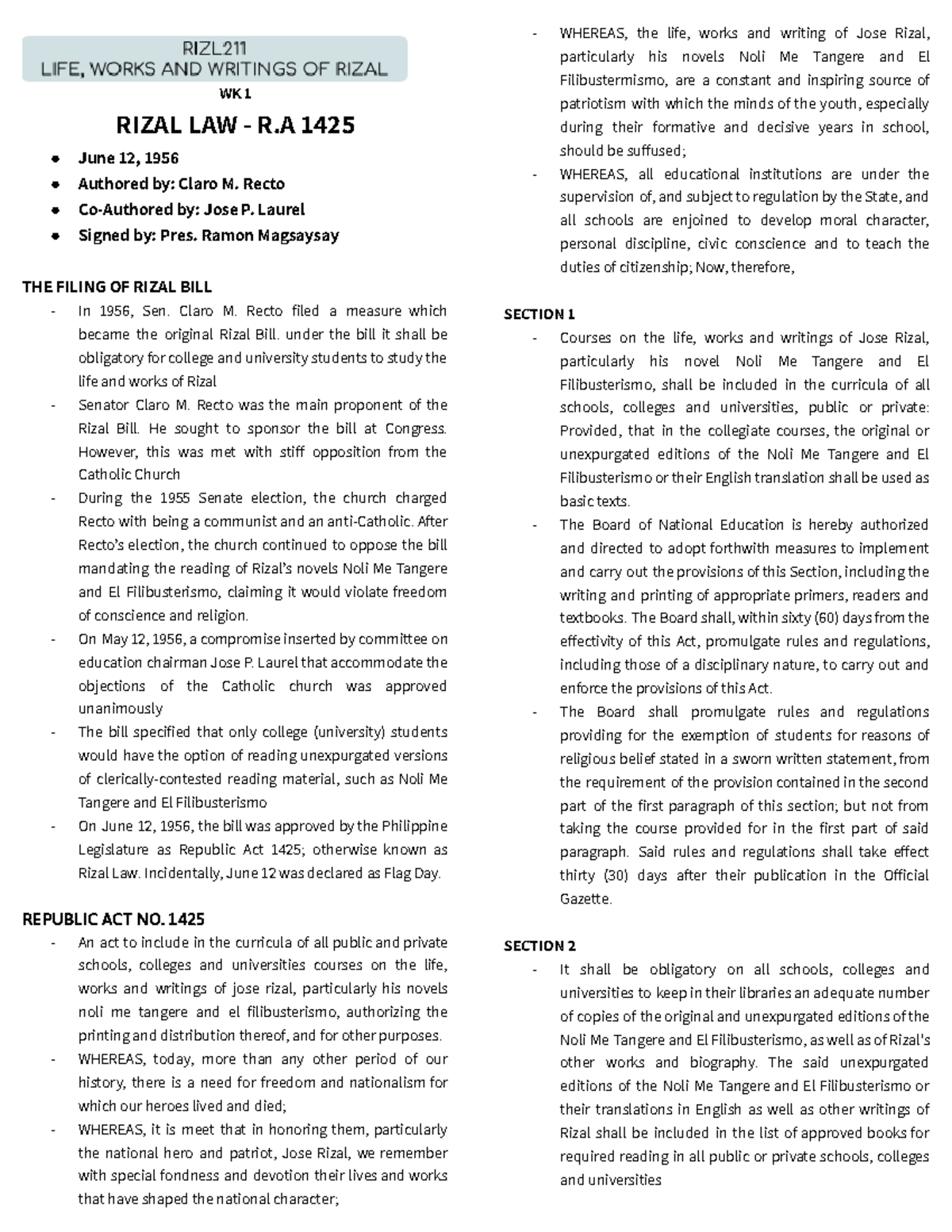 RIZAL LIFE AND WORKS NOTES - WK 1 RIZAL LAW - R 1425 June 12, 1956 ...