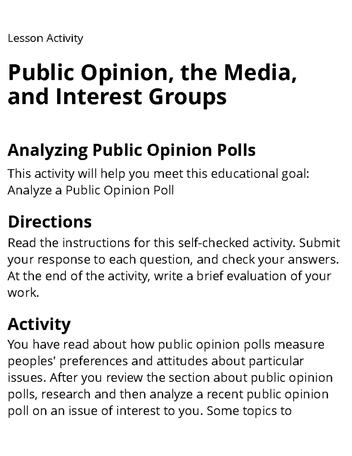 Public Opinion, the Media, and Interest Groups Tutorial - Lesson ...