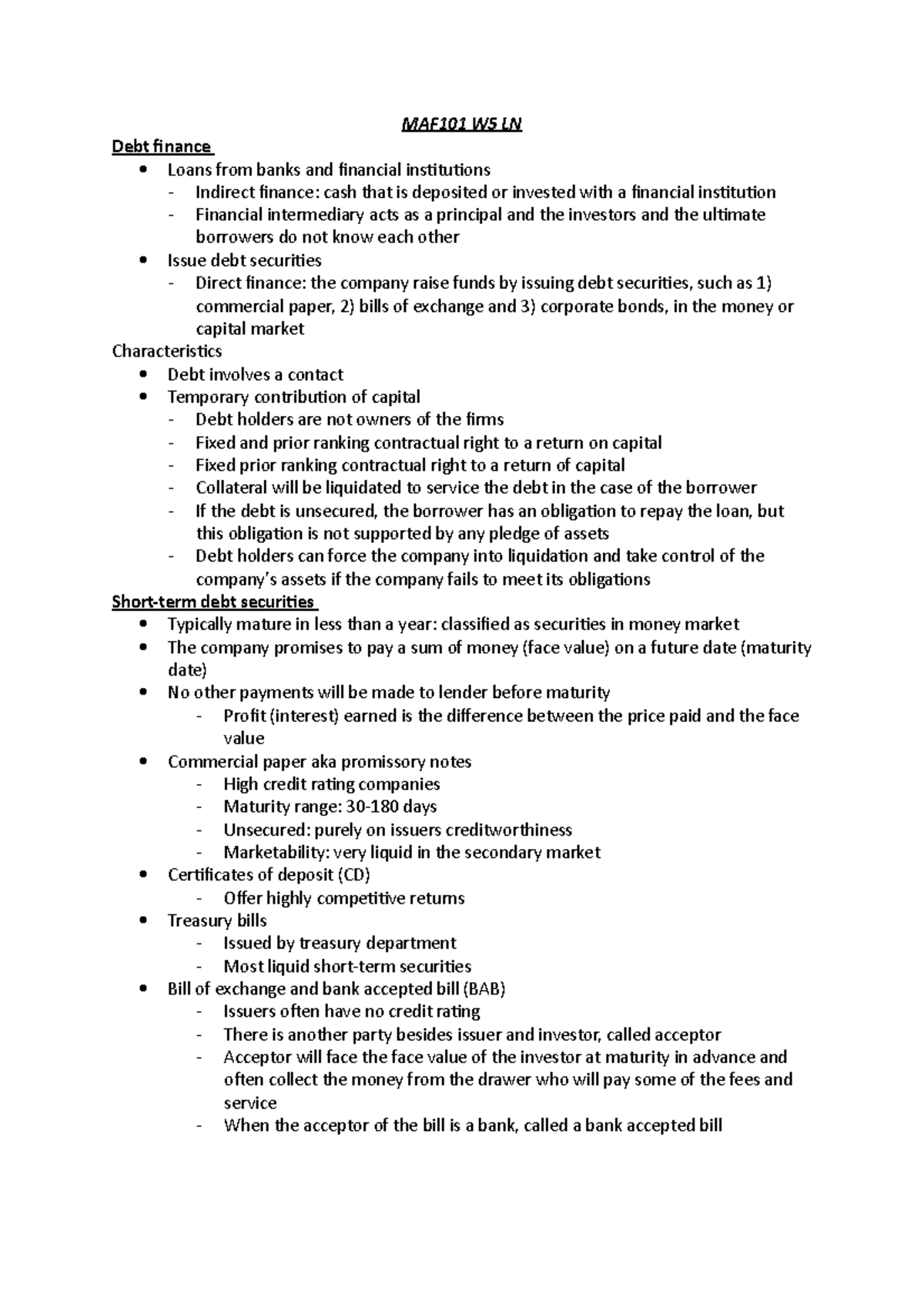 MAF101 W5 LN - week 5 - MAF101 W5 LN Debt finance Loans from banks and ...