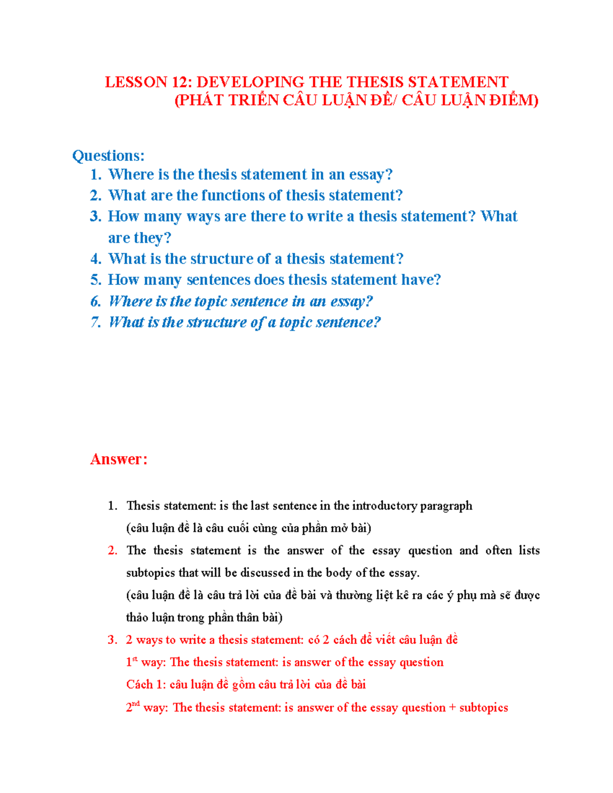 Writing LV2- Lesson 12 - Theory - LESSON 12: DEVELOPING THE THESIS ...