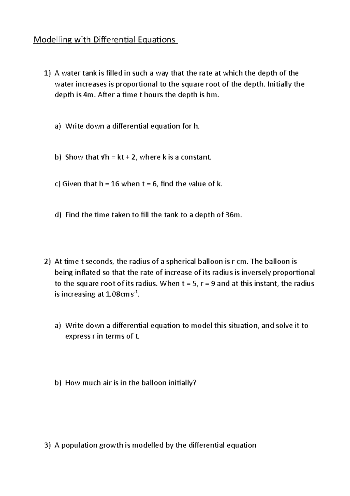 Modelling with Differential Equations (Questions with Full Worked ...