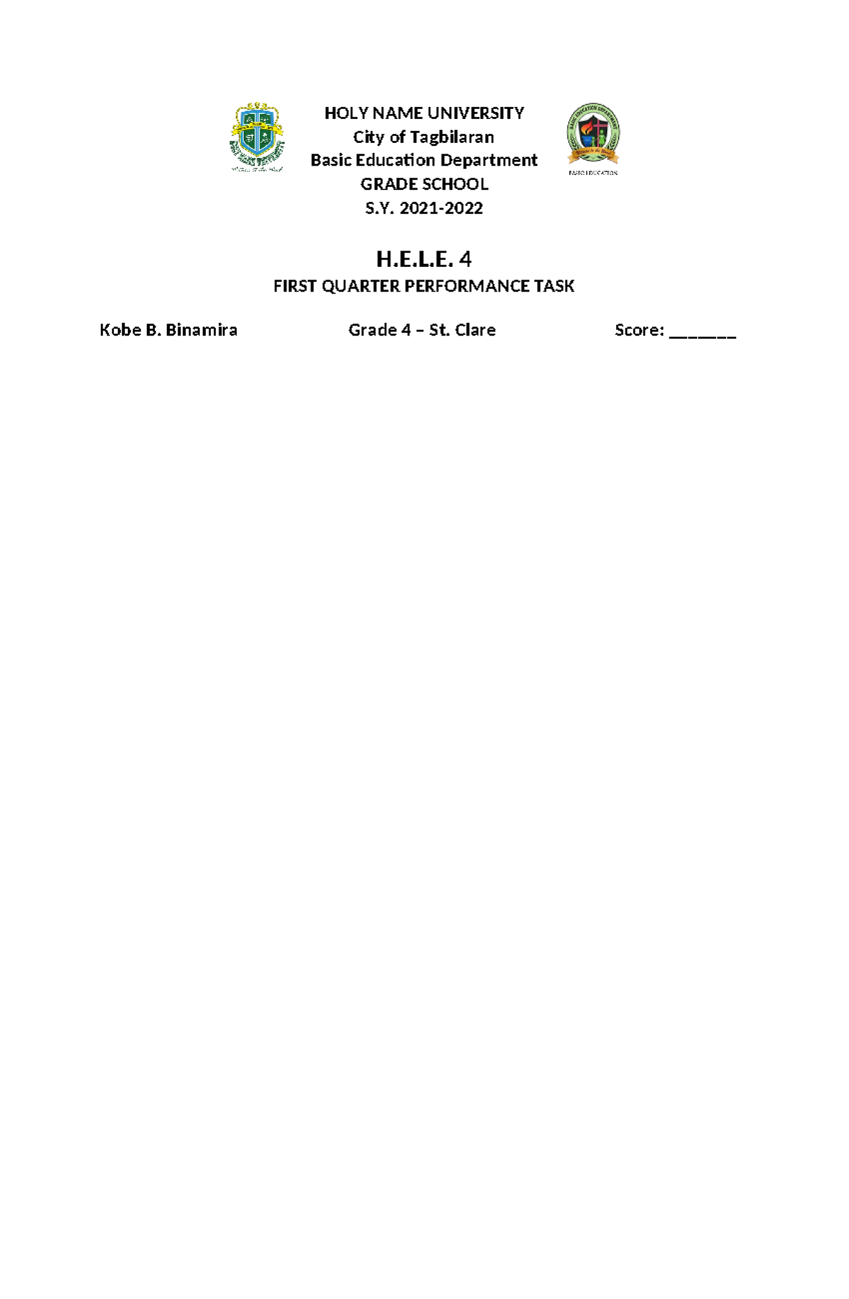 Performance Task in HELE 4 P2 - Holy Name University - HOLY NAME ...