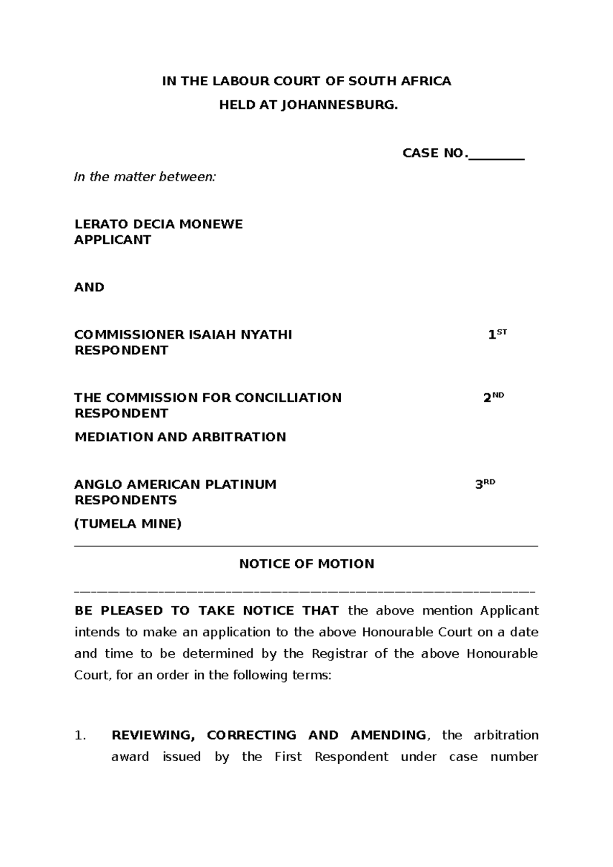 Review Application - IN THE LABOUR COURT OF SOUTH AFRICA HELD AT ...