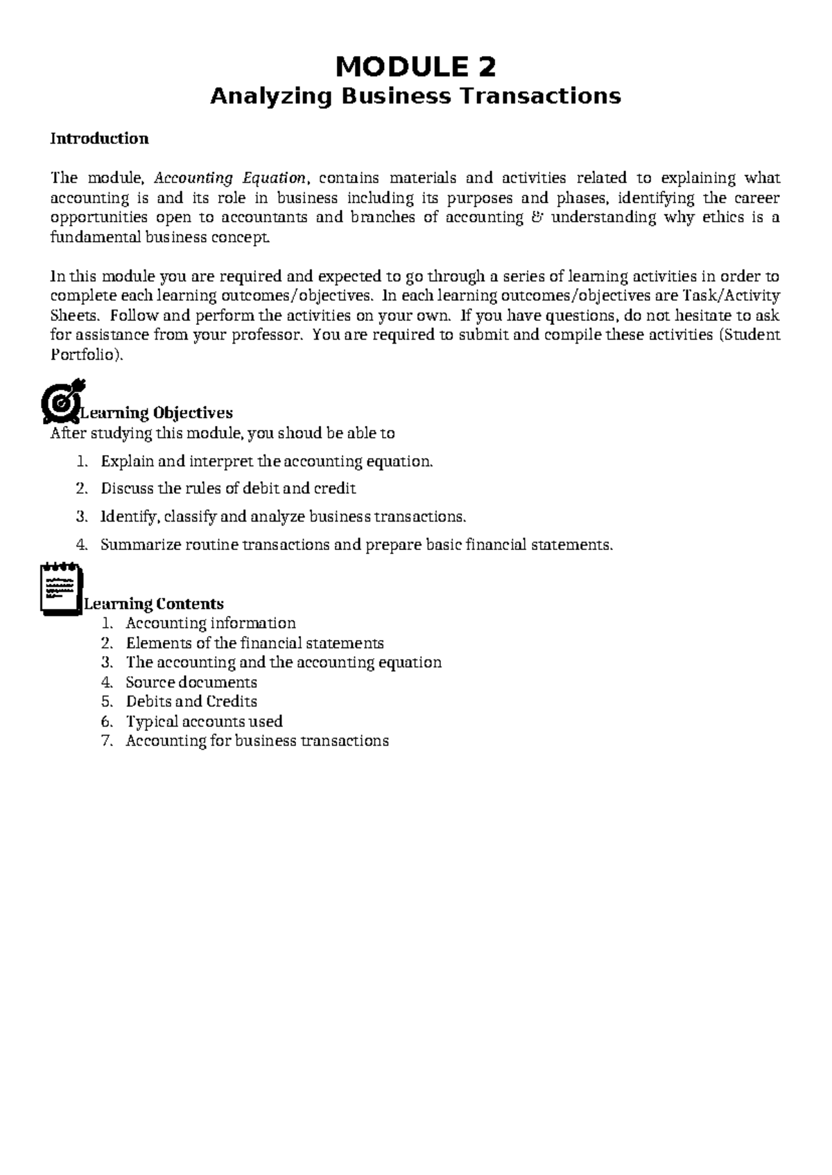 FA-Module-2 - MODULE 2 Analyzing Business Transactions Introduction The ...