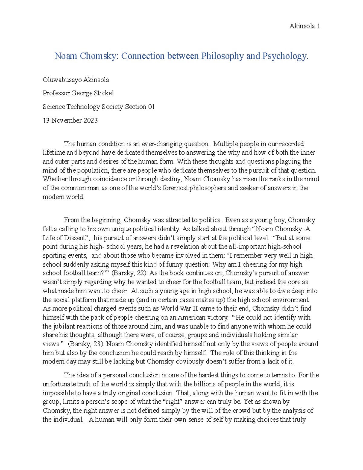 Noam Chomsky - Oluwabusayo Akinsola Professor George Stickel Science ...