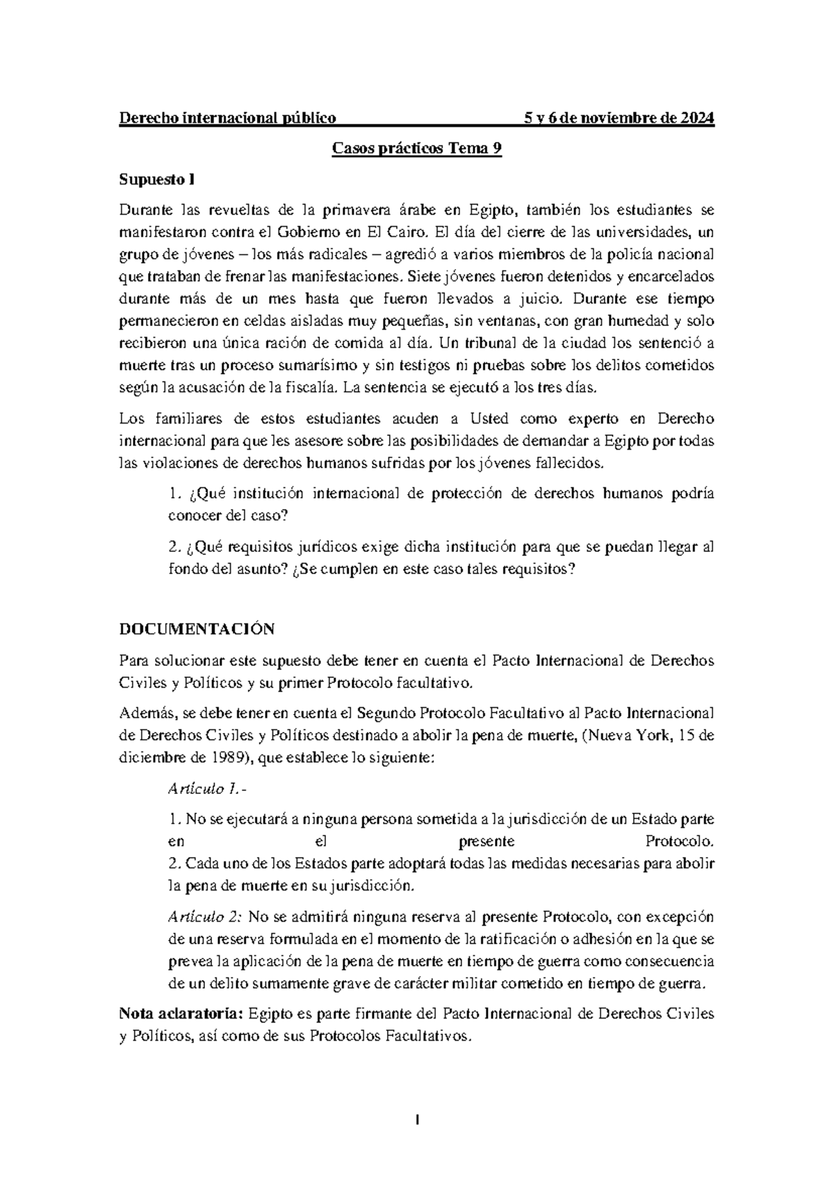 DIP Casos Prácticos Tema 9 - 1 Derecho internacional público 5 y 6 de noviembre de 202 4 Casos ...