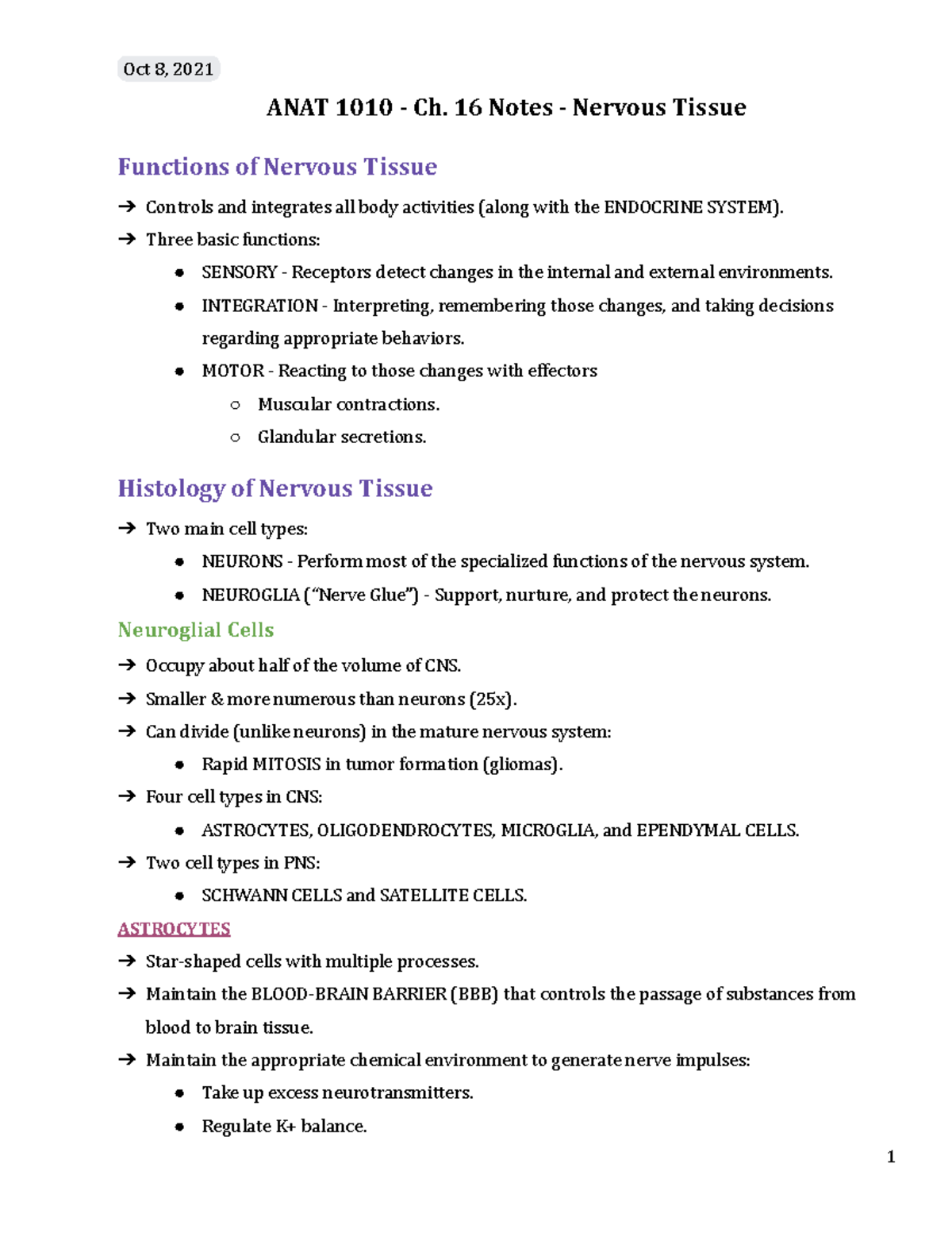 ANAT 1010 - Ch. 16 Notes - Nervous Tissue - Oct 8, 2021 ANAT 1010 - Ch ...