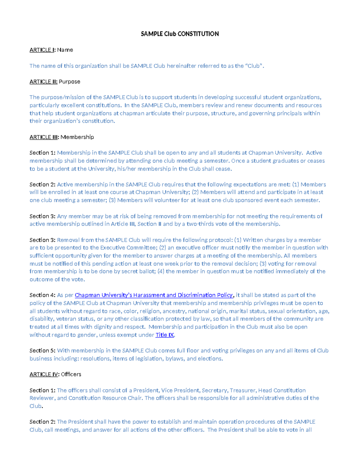 Sample-constitution-2022 - SAMPLE Club CONSTITUTION ARTICLE I: Name The ...
