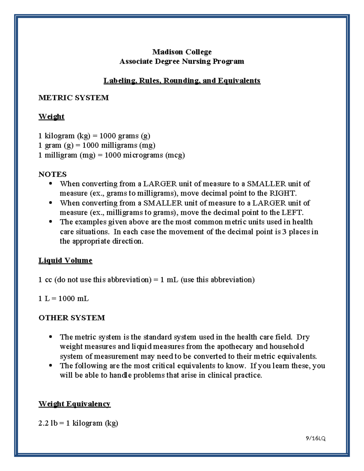Labeling, Rules, Rounding, and Equivalents - Madison College Associate ...