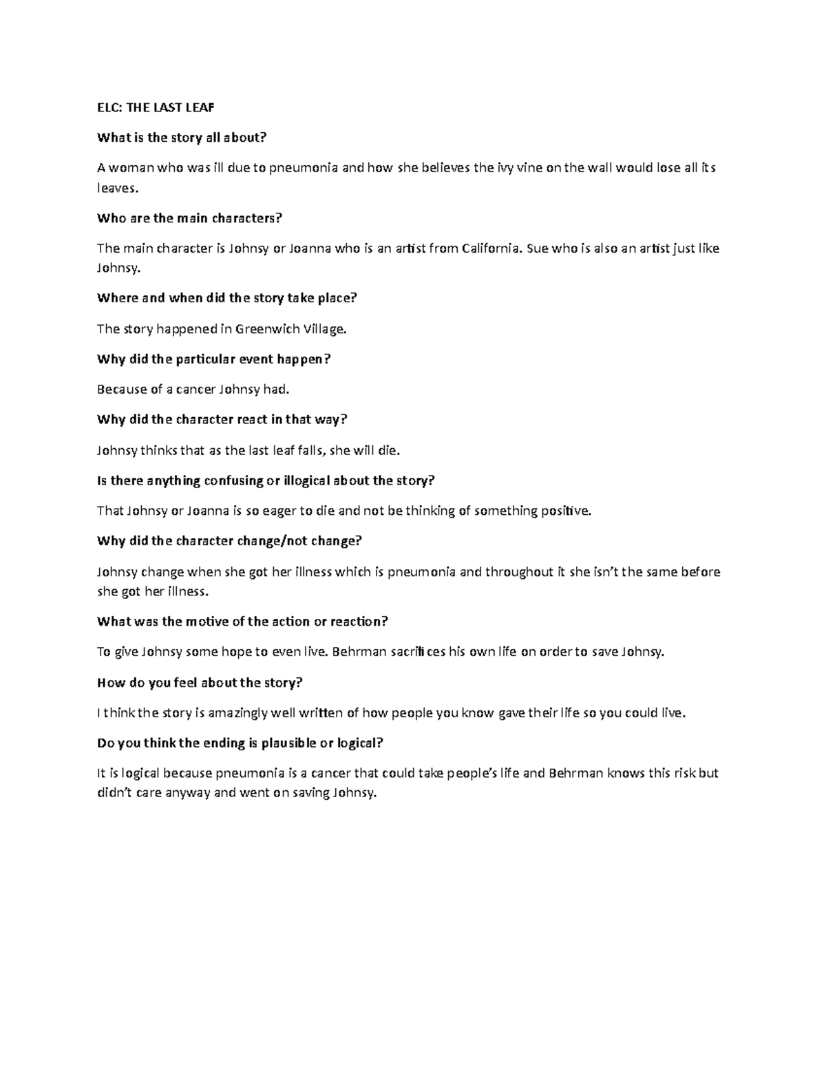 ELC LIRA The Last Leaf - practice - ELC: THE LAST LEAF What is the ...