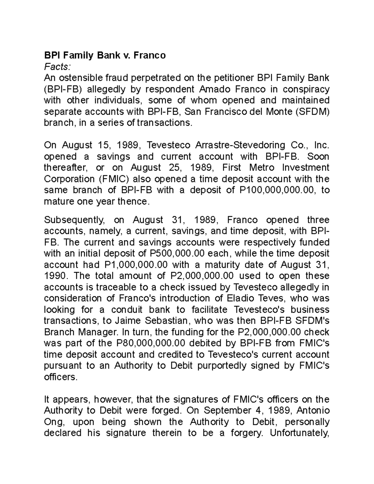 Bpi family banks v franco - BPI Family Bank v. Franco Facts: An ...
