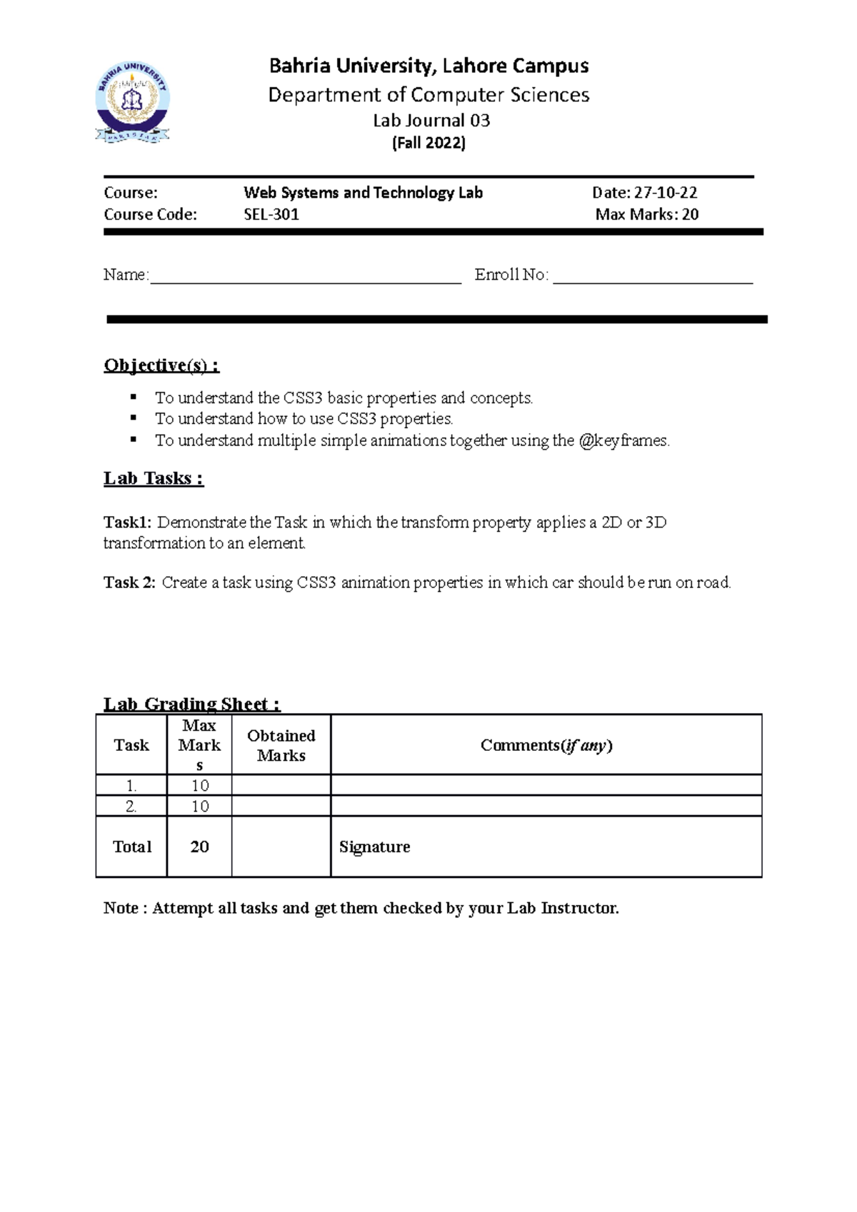 Lab Journal 3 27102022 084310 am - Bahria University, Lahore Campus Department of Computer ...