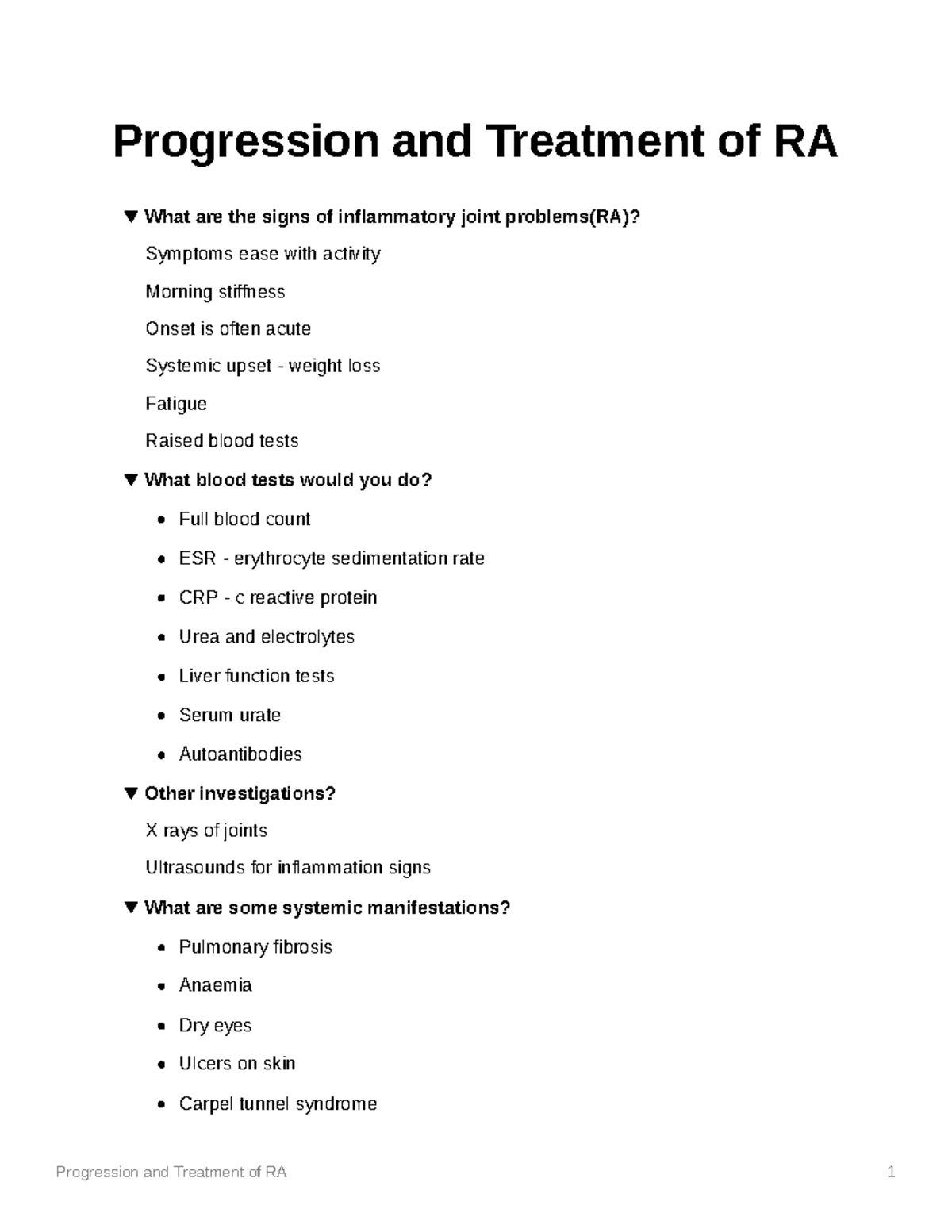Progression and Treatment of RA - Studocu