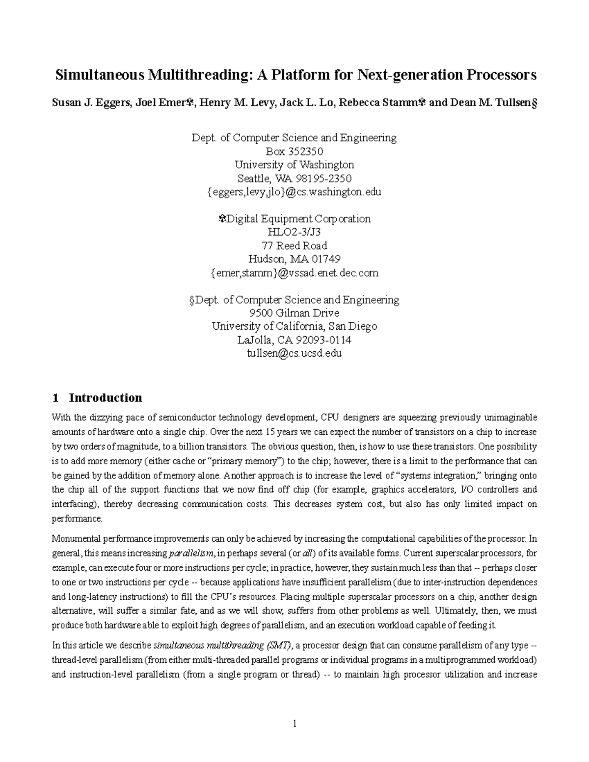 Paper Simultaneous Multithreading - Simultaneous Multithreading: A Platform for Next-generation ...