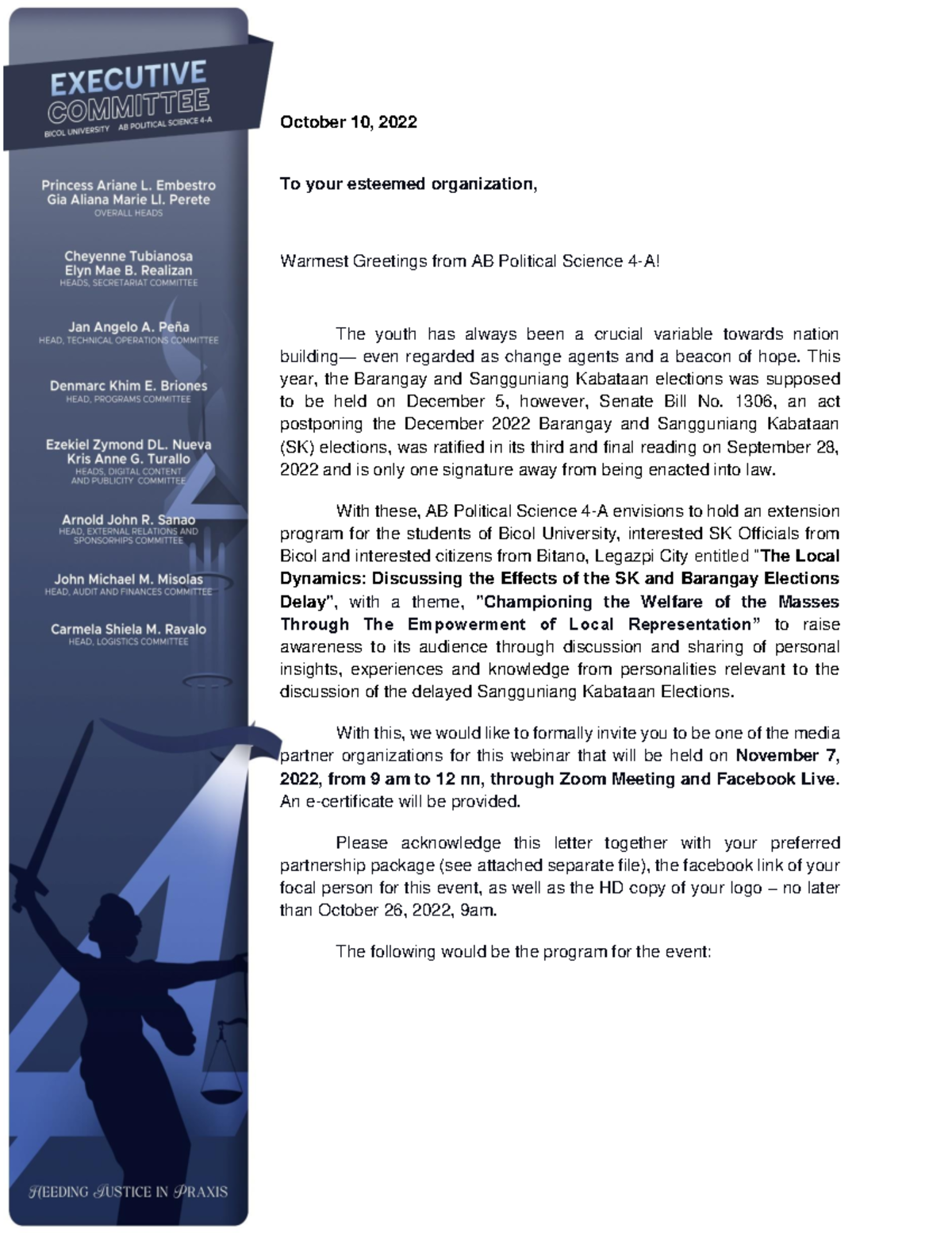 Participation Invitation letter for orgs - October 10, 2022 To your ...