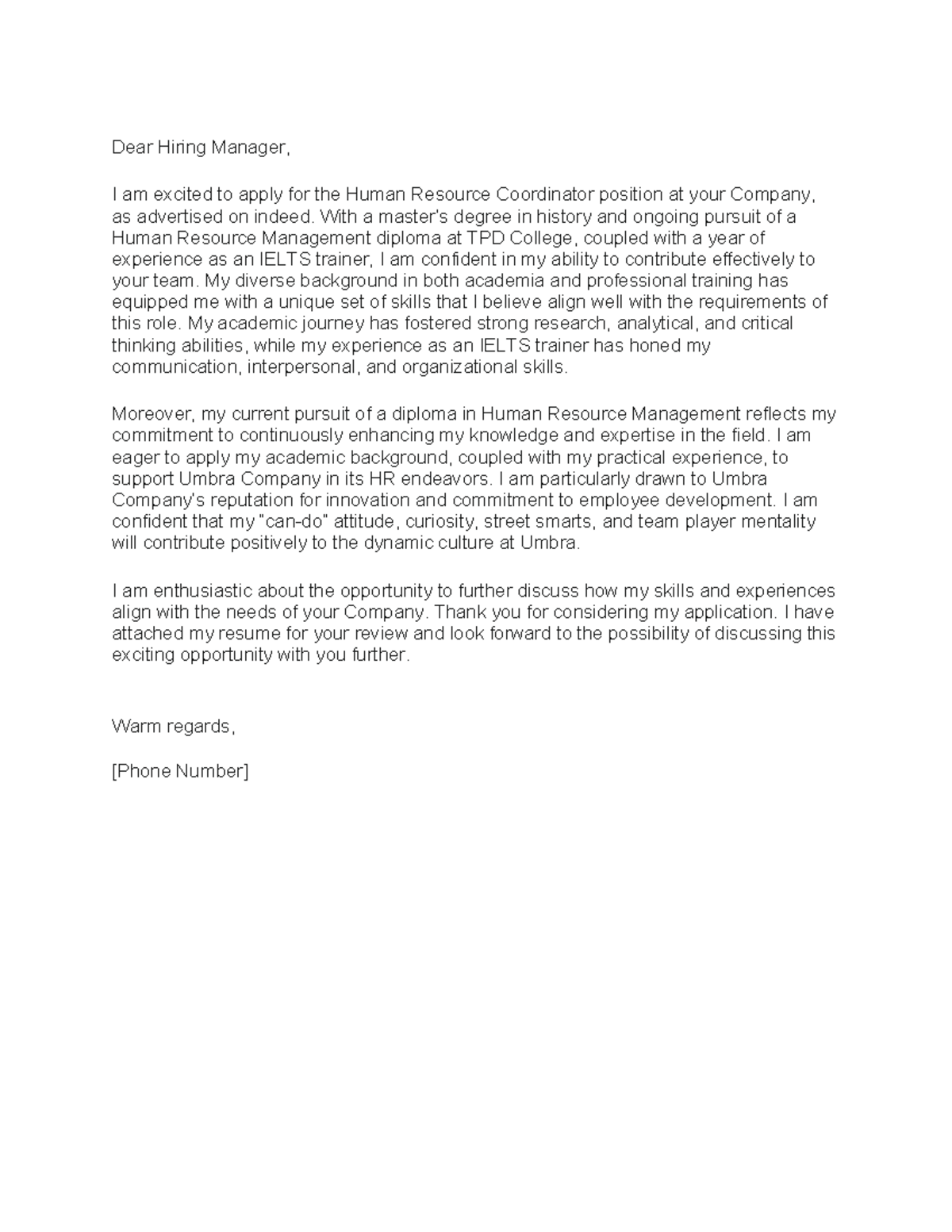 Cover letter - this is from coop and hiring - Dear Hiring Manager, I am ...