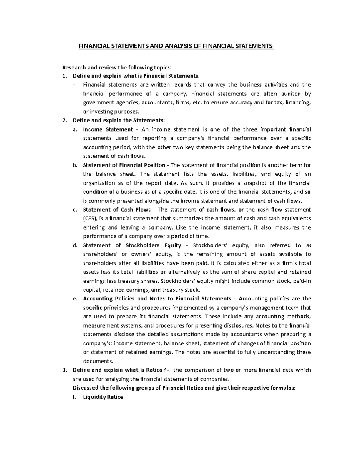 Financial Statements AND Analysis OF Financial Statements - FINANCIAL ...