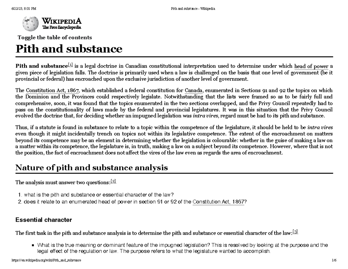 Pith and substance - Wikipedia - Toggle the table of contents Pith and ...