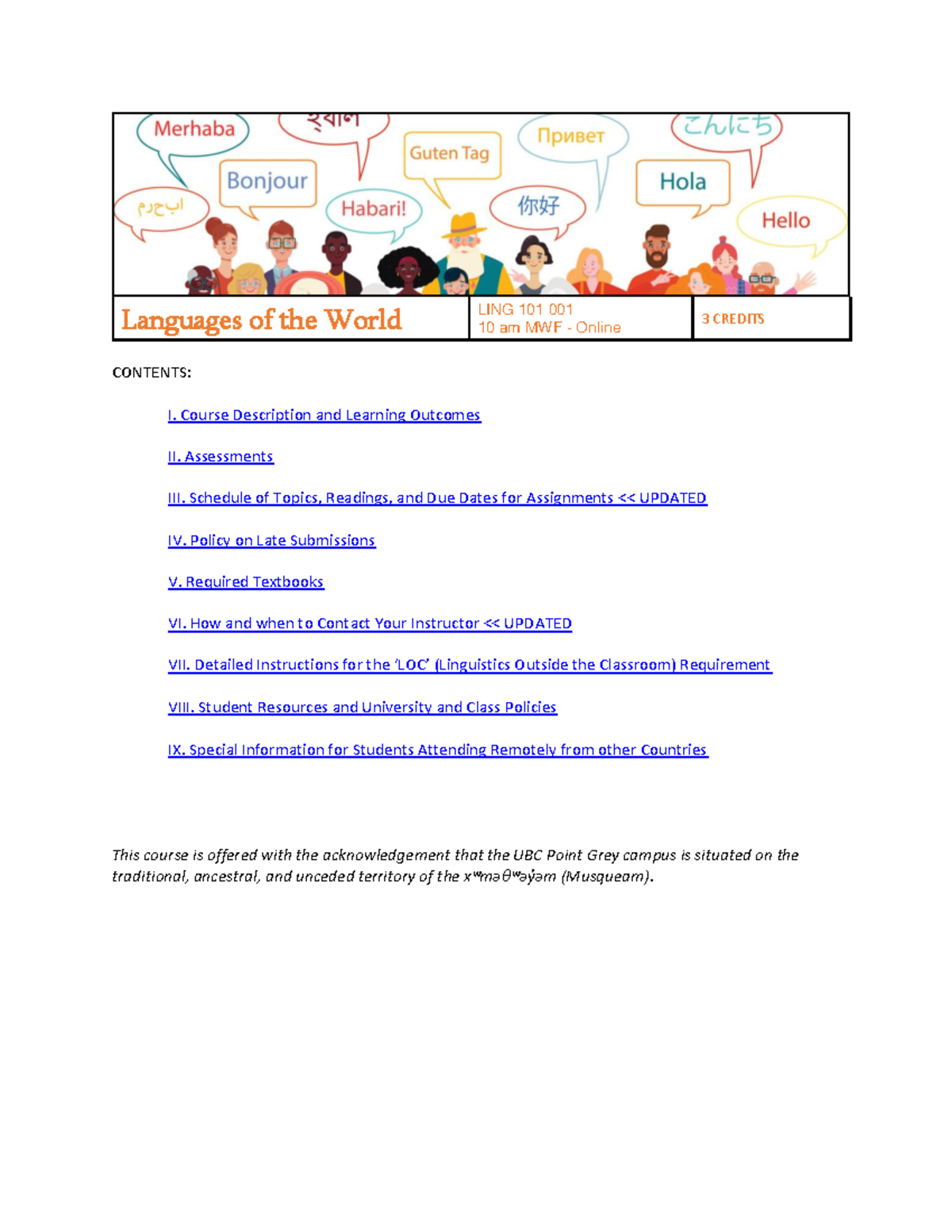 LING 101 2022 001 W1 Syllabus Updated Version B - Languages of the ...