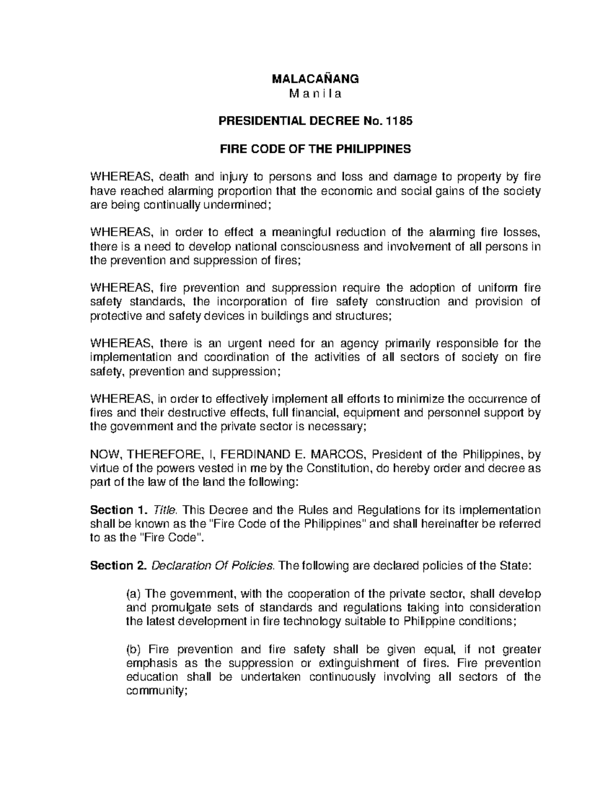 PD 1185 of 1977 - Fire Code of the Philippines - MALACAÑANG M a n i l a PRESIDENTIAL DECREE No ...