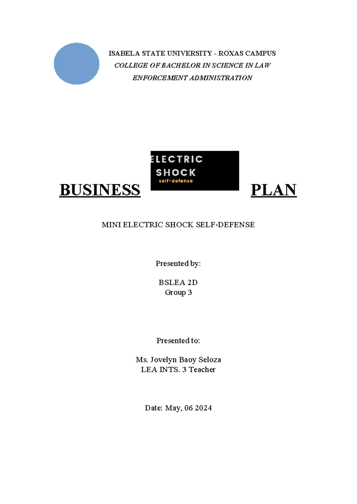 Business plan example - BUSINESS PLAN MINI ELECTRIC SHOCK SELF-DEFENSE ...