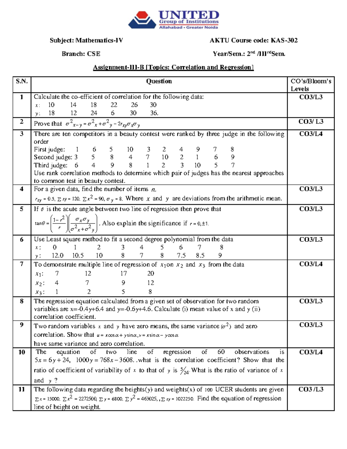 Assignment-III-B Maths-IV - Subject: Mathematics-IV AKTU Course code ...