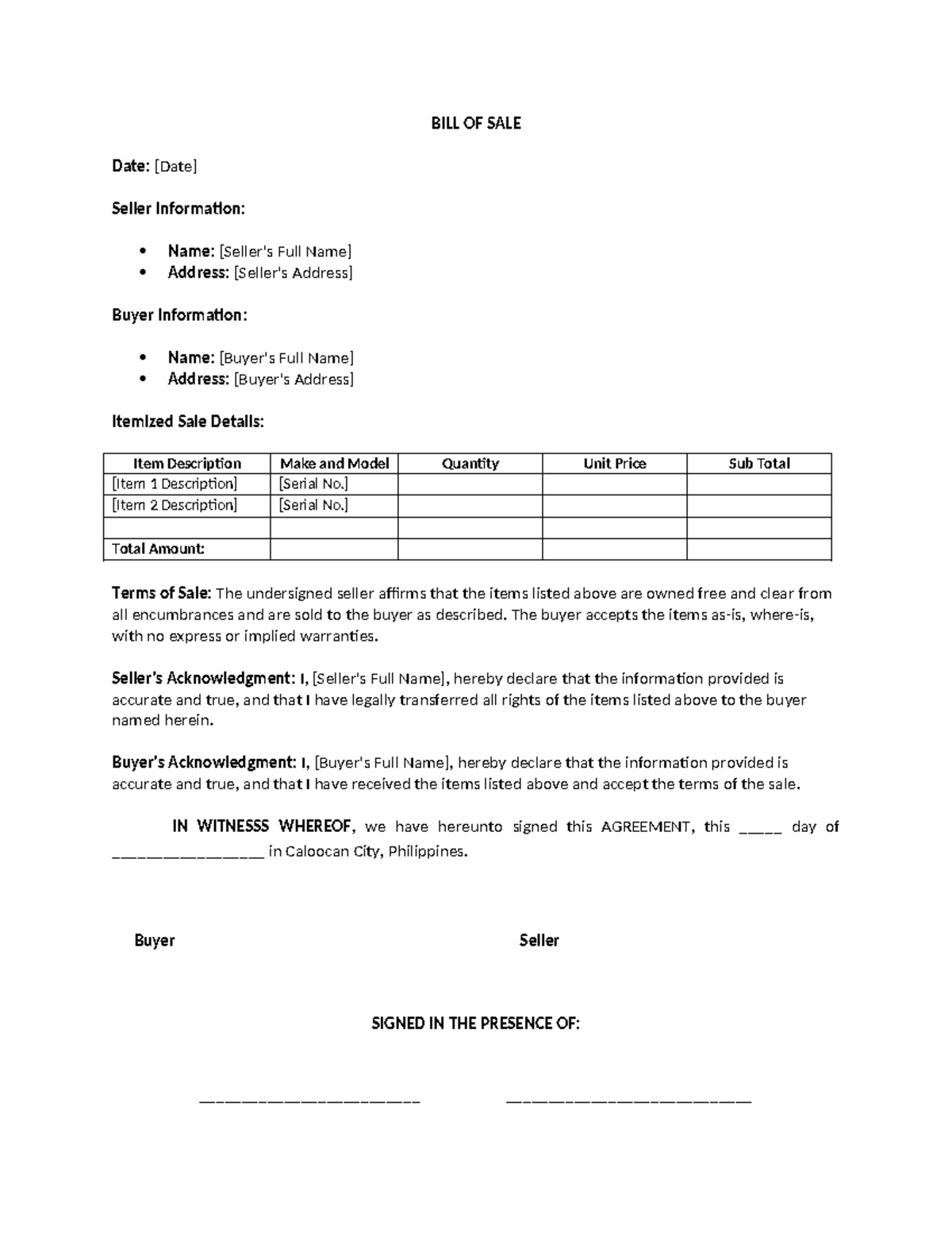 BILL-OF-SALE - Summary Sales Management - BILL OF SALE Date: [Date ...