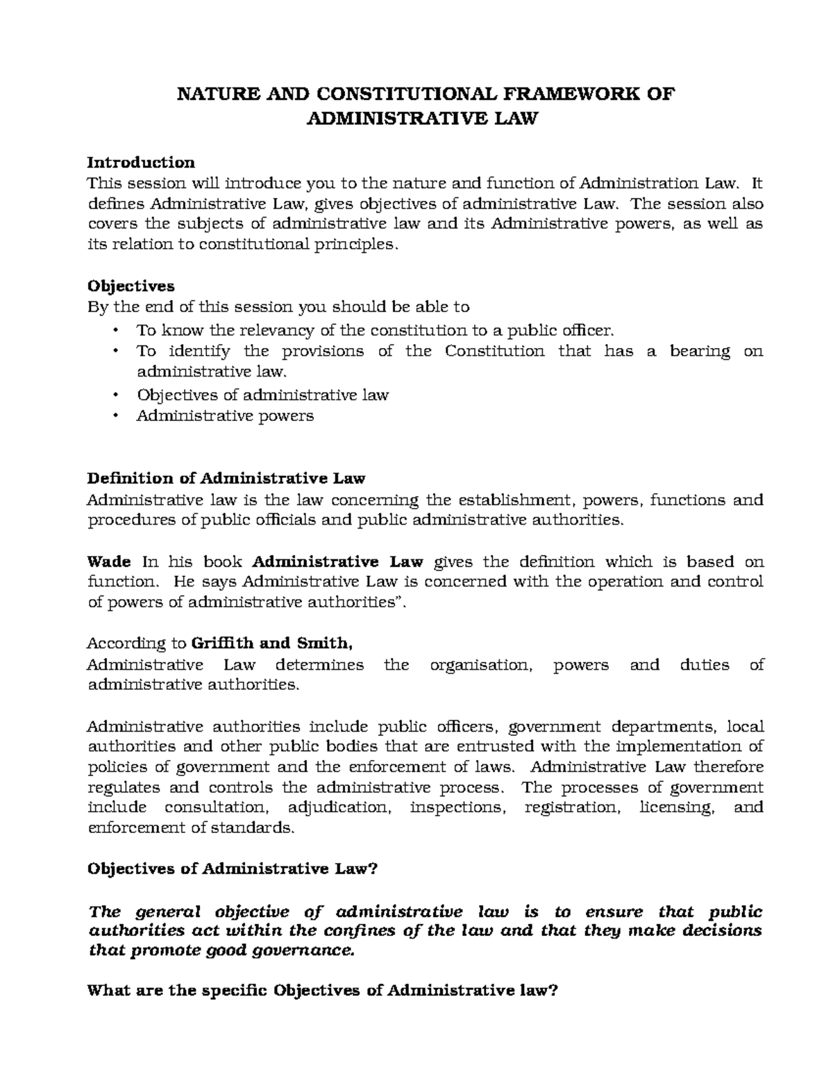 Admin Authorities hand out - NATURE AND CONSTITUTIONAL FRAMEWORK OF ADMINISTRATIVE LAW ...