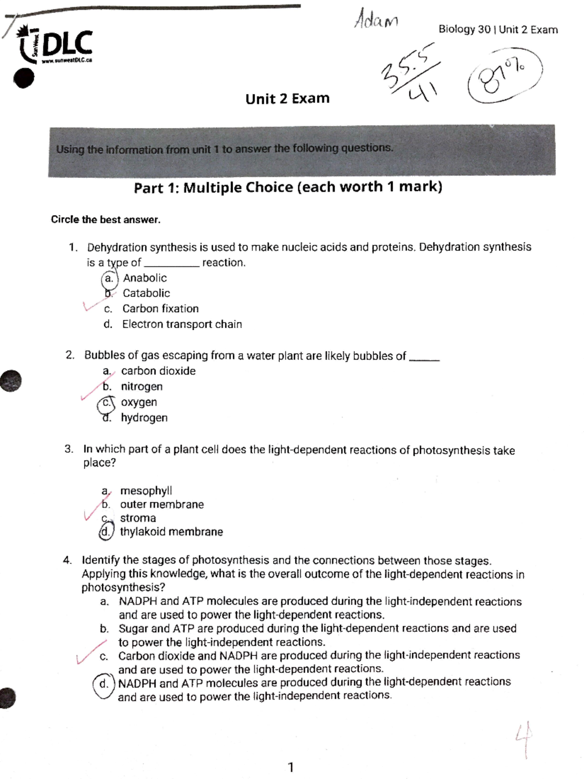 Bio 30 unit 2 exam - unit 2 exam in bio 30 on photosynthesis, krebs ...
