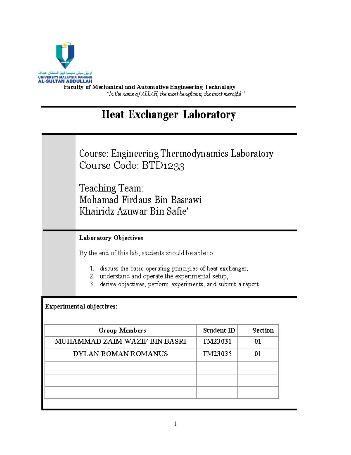 Lab9 Heat Exchanger Rev 2023 BTD1233 - Faculty of Mechanical and ...