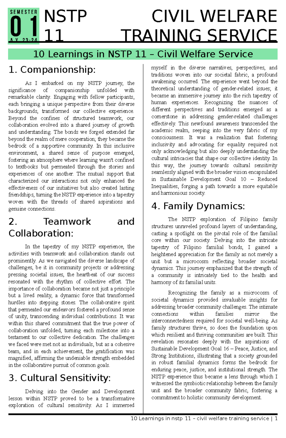 Learnings - notes - 11 TRAINING SERVICE 10 Learnings in NSTP 11 – Civil ...