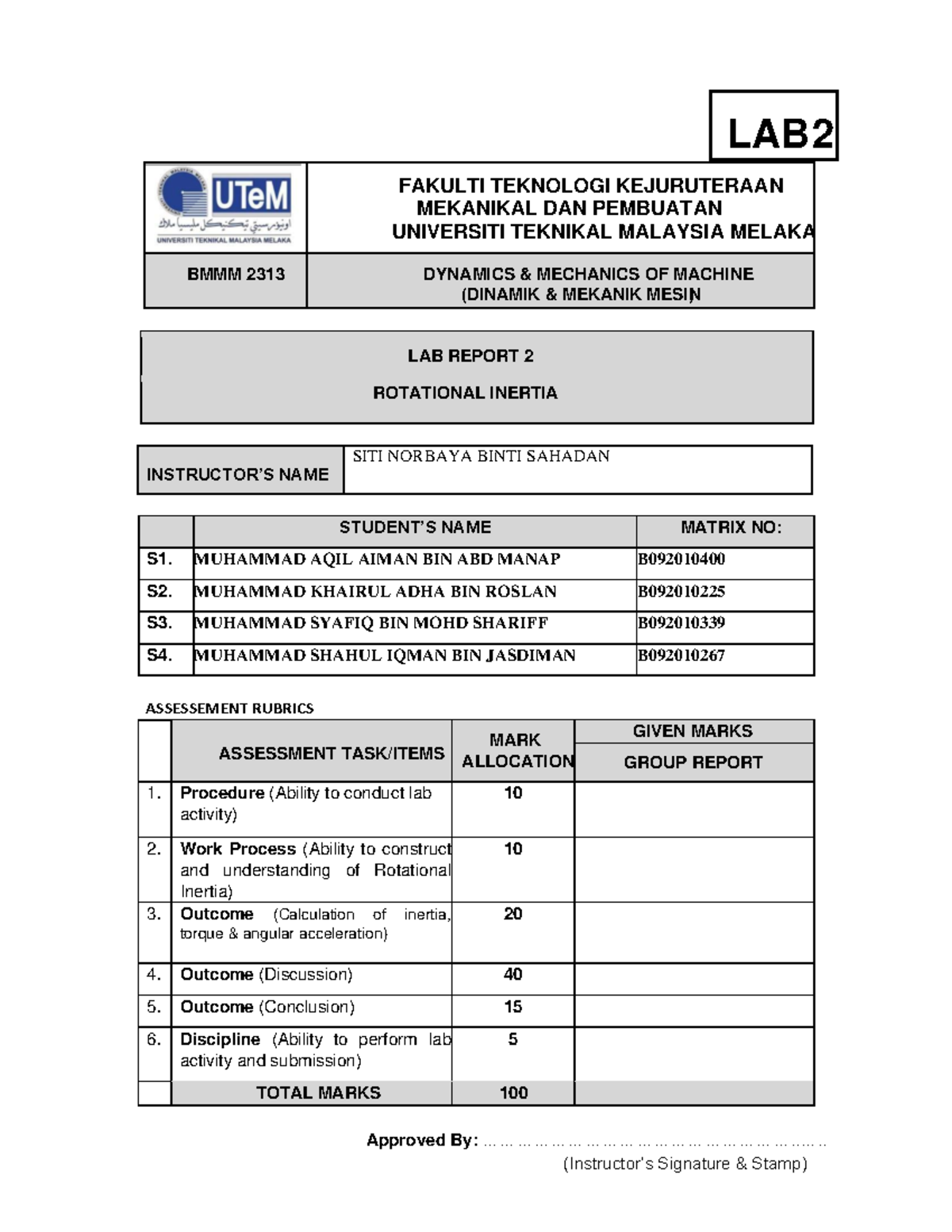 Lab 2 bmmh 1 2 group 32 - Dynamics - UTeM - Studocu